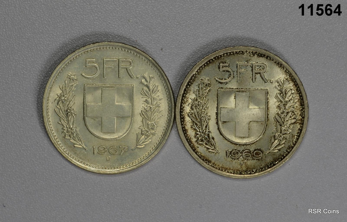 SWISS 1967 & 1969 2 COIN 5 FRANC SET BOTH BU!! #11564 - Robert S ...